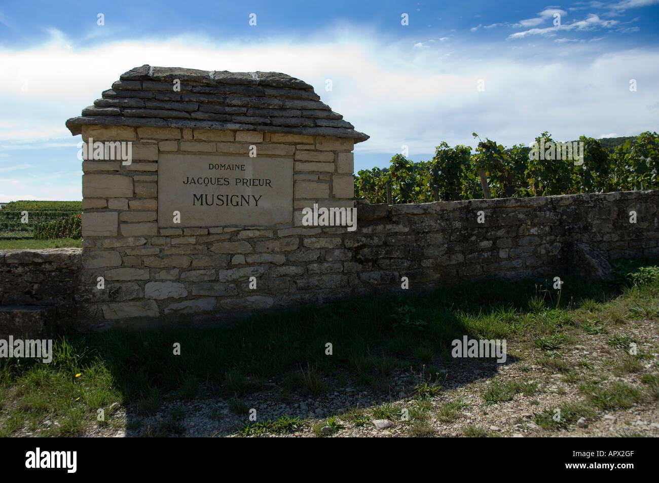 Domaine Jacques Prieur Musigny sign on grand cru vineyard wall above ...