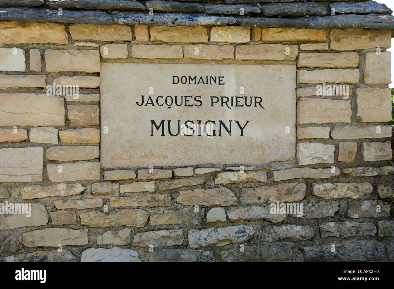 Domaine Jacques Prieur Musigny sign on grand cru vineyard wall above ...