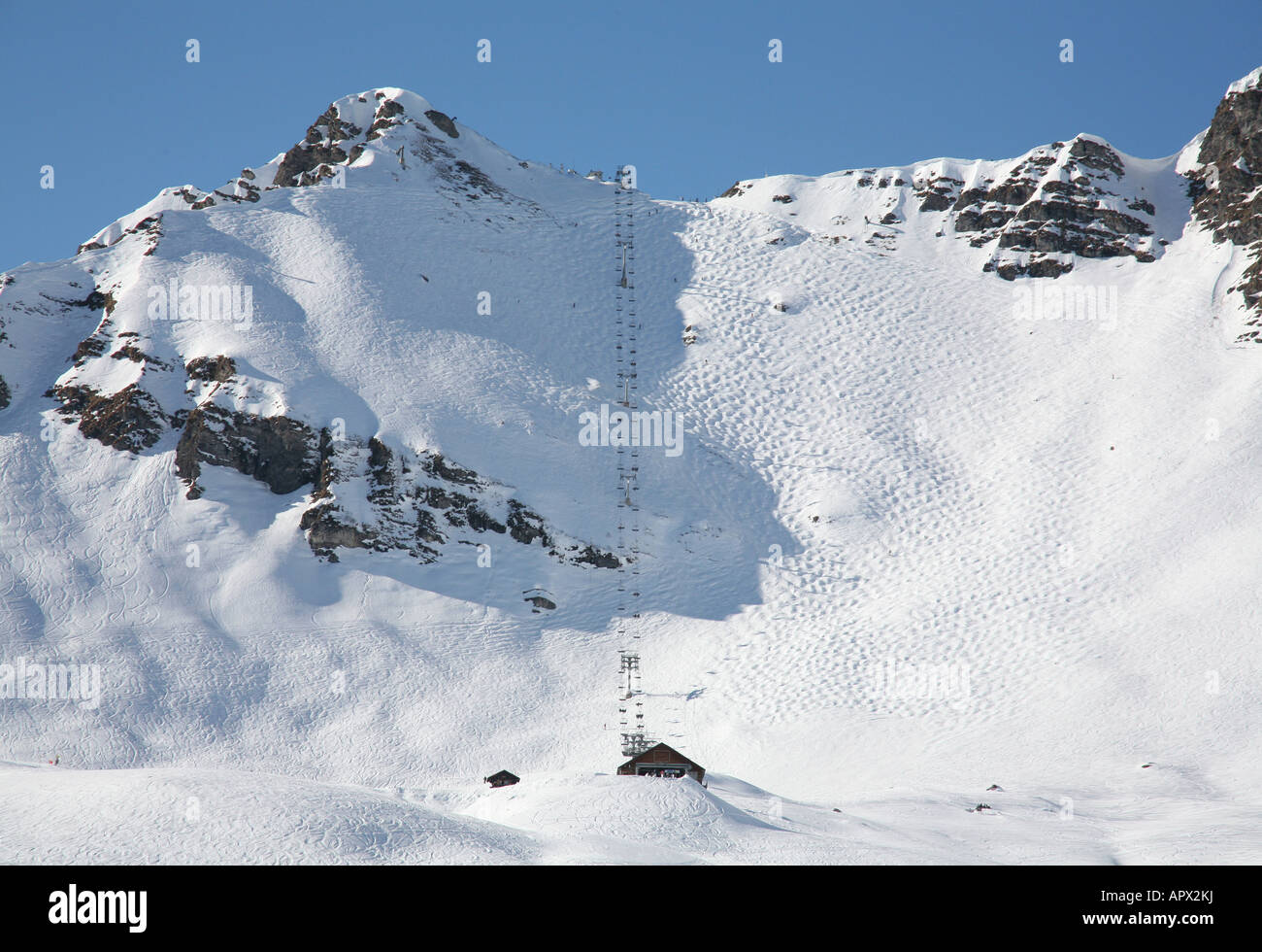 The ski slopes of Champery Switzerland with the steep bumpy run called ...