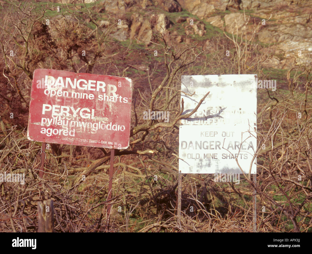 Bi-lingual (English and Welsh) Danger signs to old mine workings, Parys ...