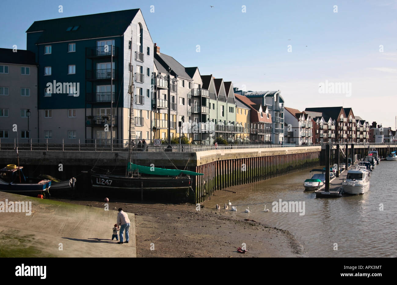 Blocks of flats on riverside at Littlehampton, Sussex Stock Photo - Alamy