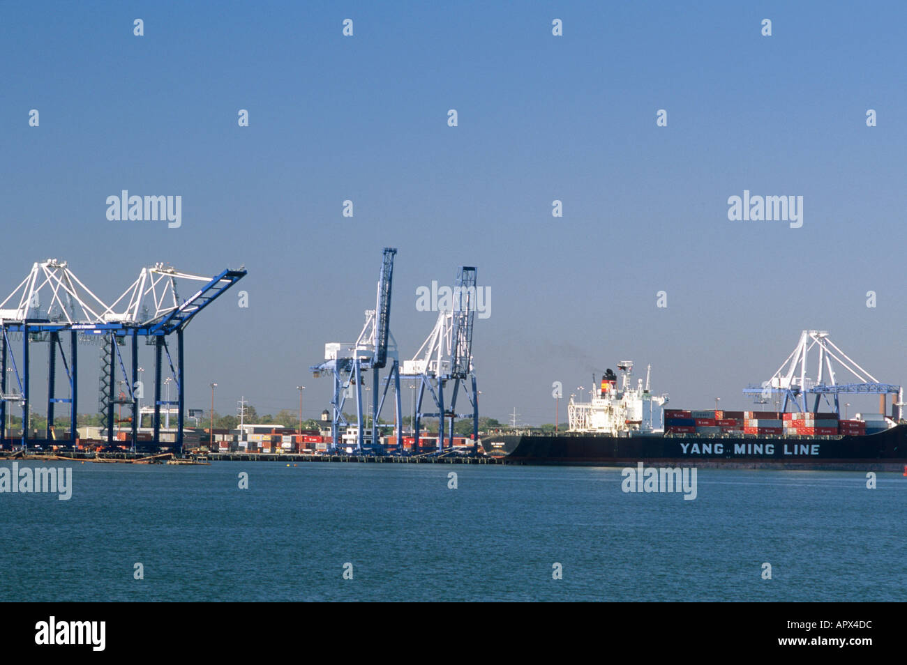 Cranes along the docks and container ship at Port of Charleston South ...