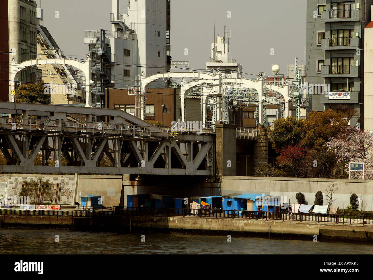 Living boxes in Tokyo, Sumida River, Japan, Homeless community on the ...