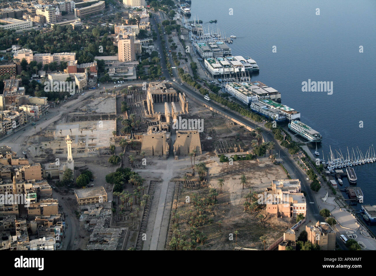 Luxor Temple and the River Nile - Aerial / Elevated View (from the air ...