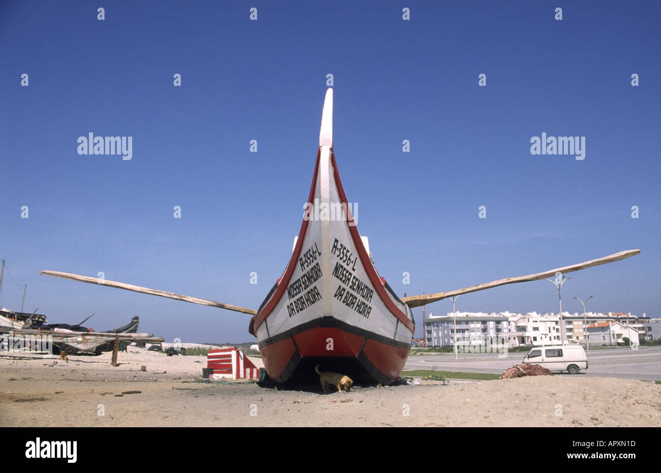 Traditional xavega boat at Vagueira beach near Aveiro Portugal Stock ...