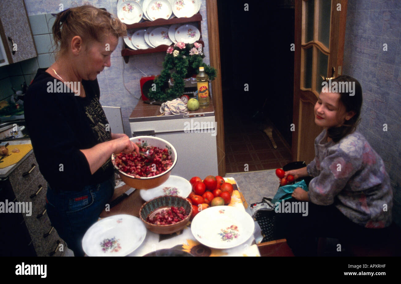 Moscow Russia Woman Preparing Dinner In The Kitchen With Daughter Stock ...