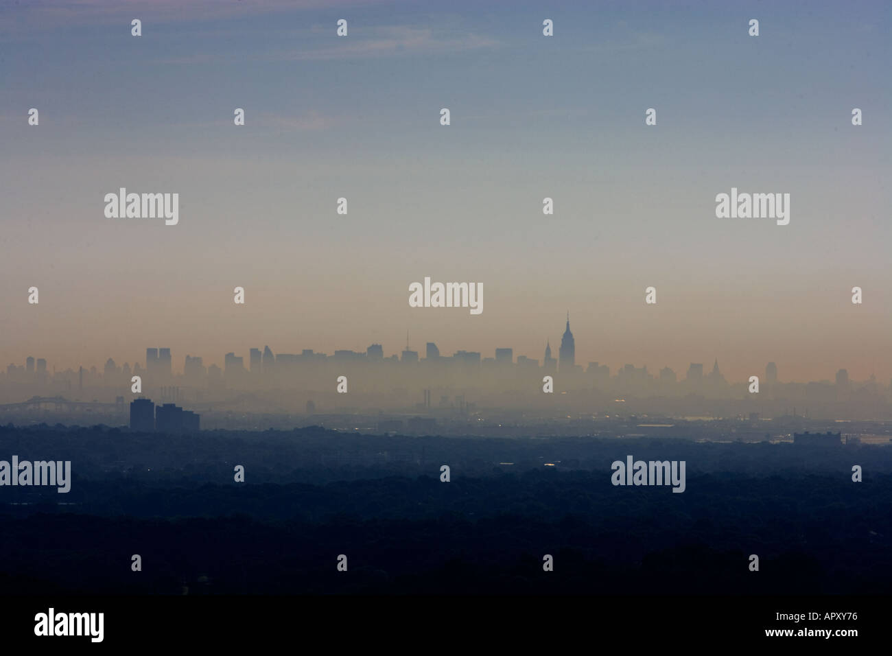 New York City seen through early morning haze Stock Photo - Alamy