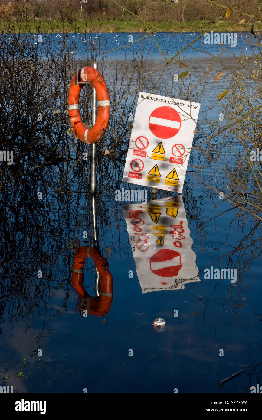 Blackleach Country Park reservoir with lifebuoy and warning sign ...