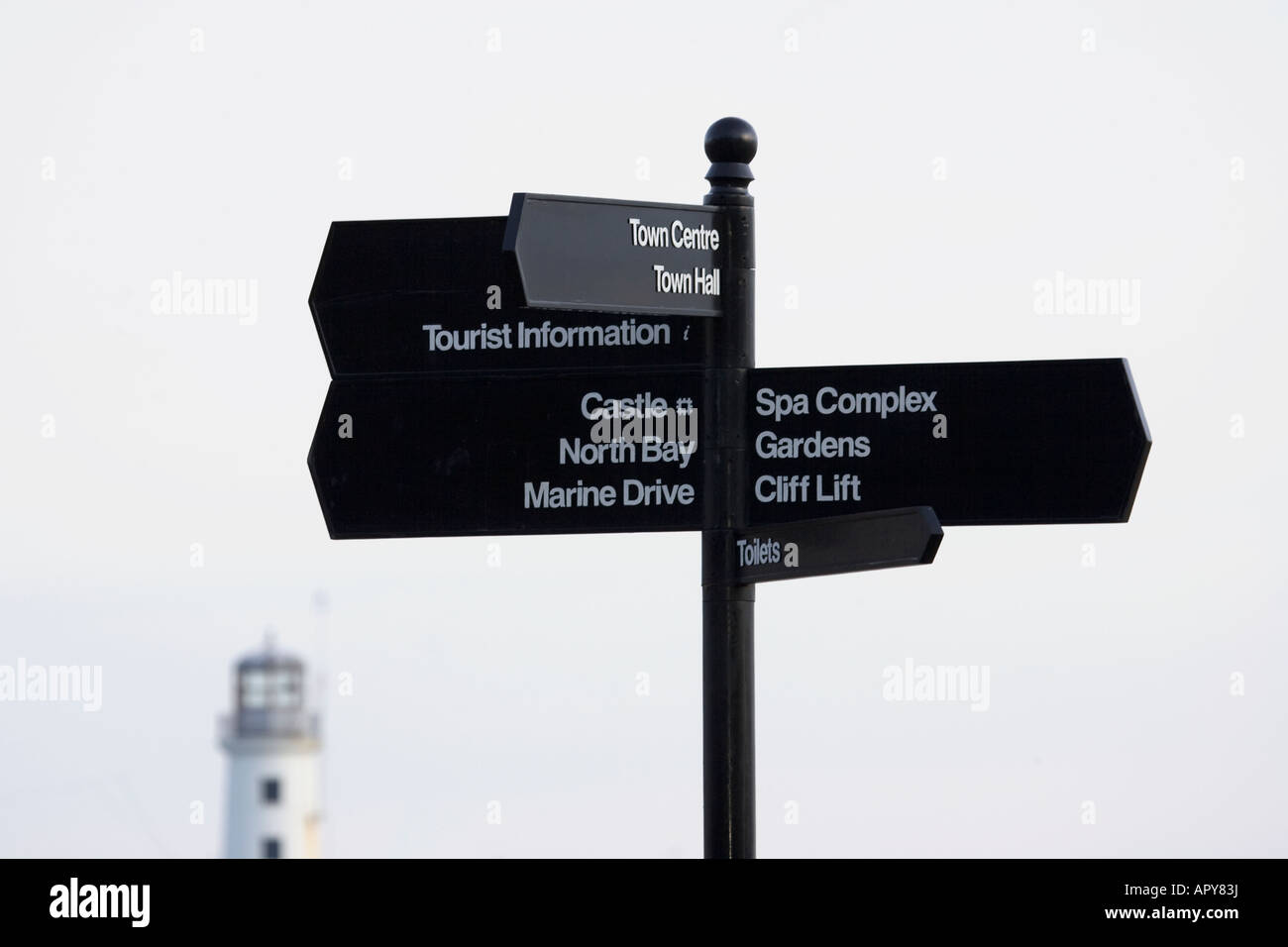 Seaside signage with lighthouse in background Stock Photo - Alamy