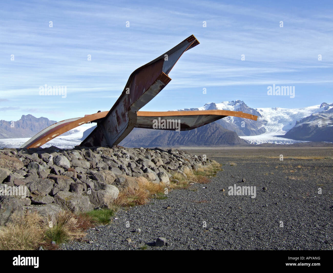 Part of the bridge destroyed by volcanic eruption near the Vatnajokull ...