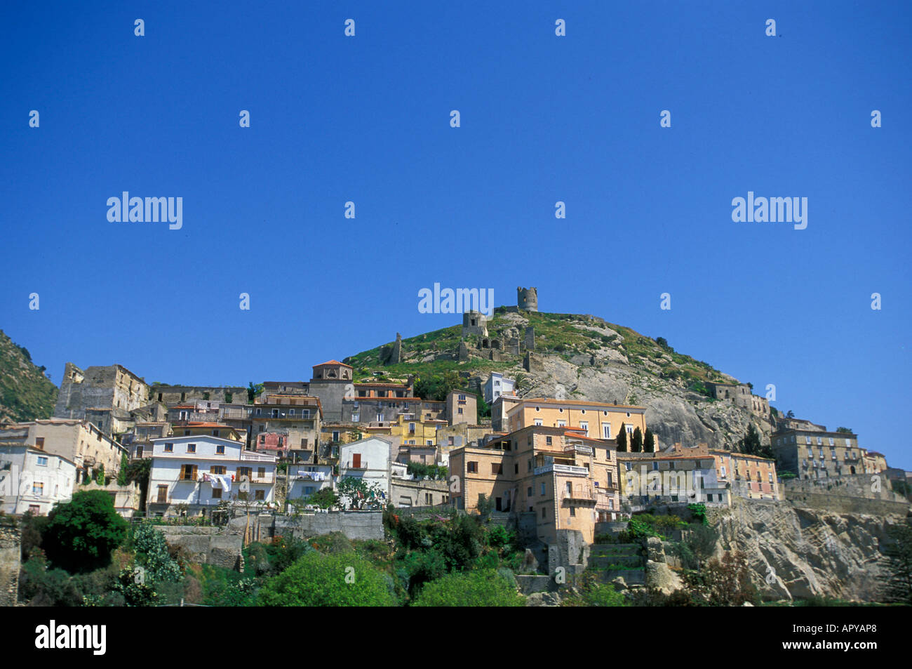 The village Scalea under the blue sky of Italy, Calabria, Italy Stock ...