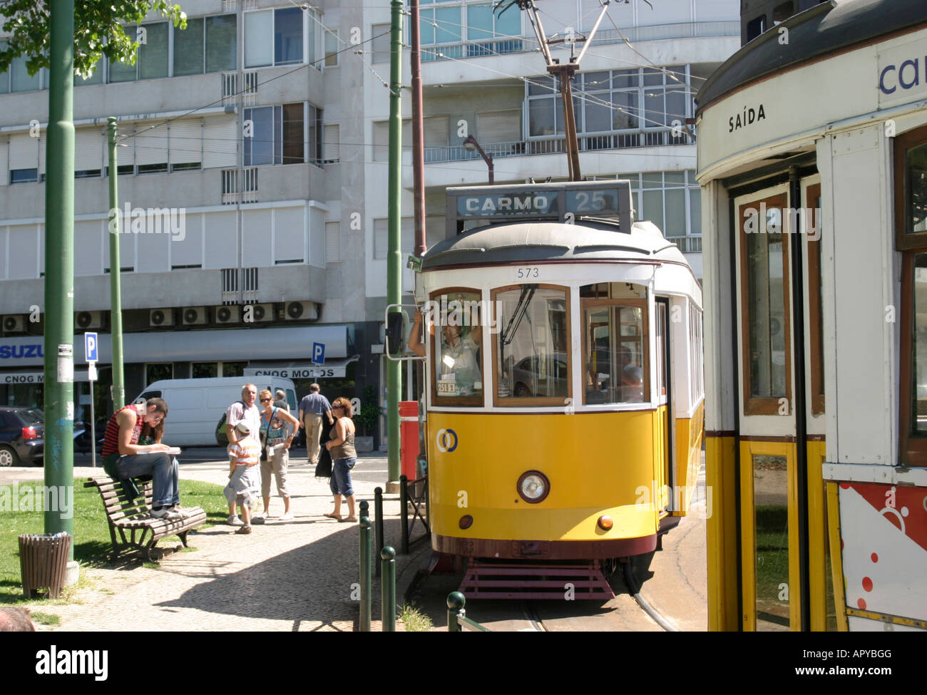Driver checking destination blind on number 25 tram at Campo de Ourique ...