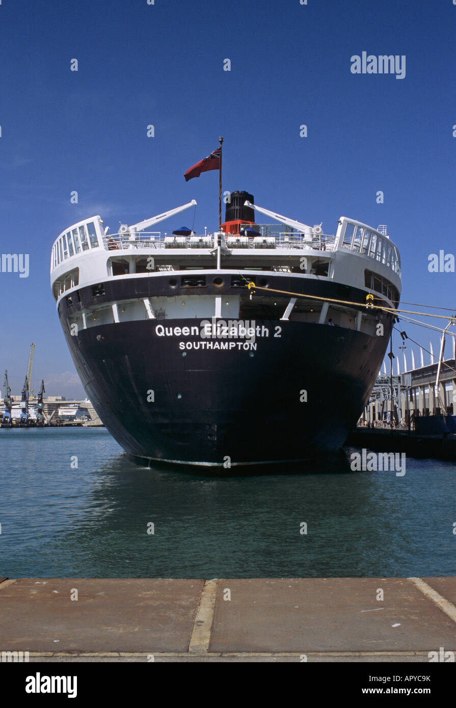cruise ship Queen Elizabeth 2 in the port of Barcelona Catalunya Spain ...