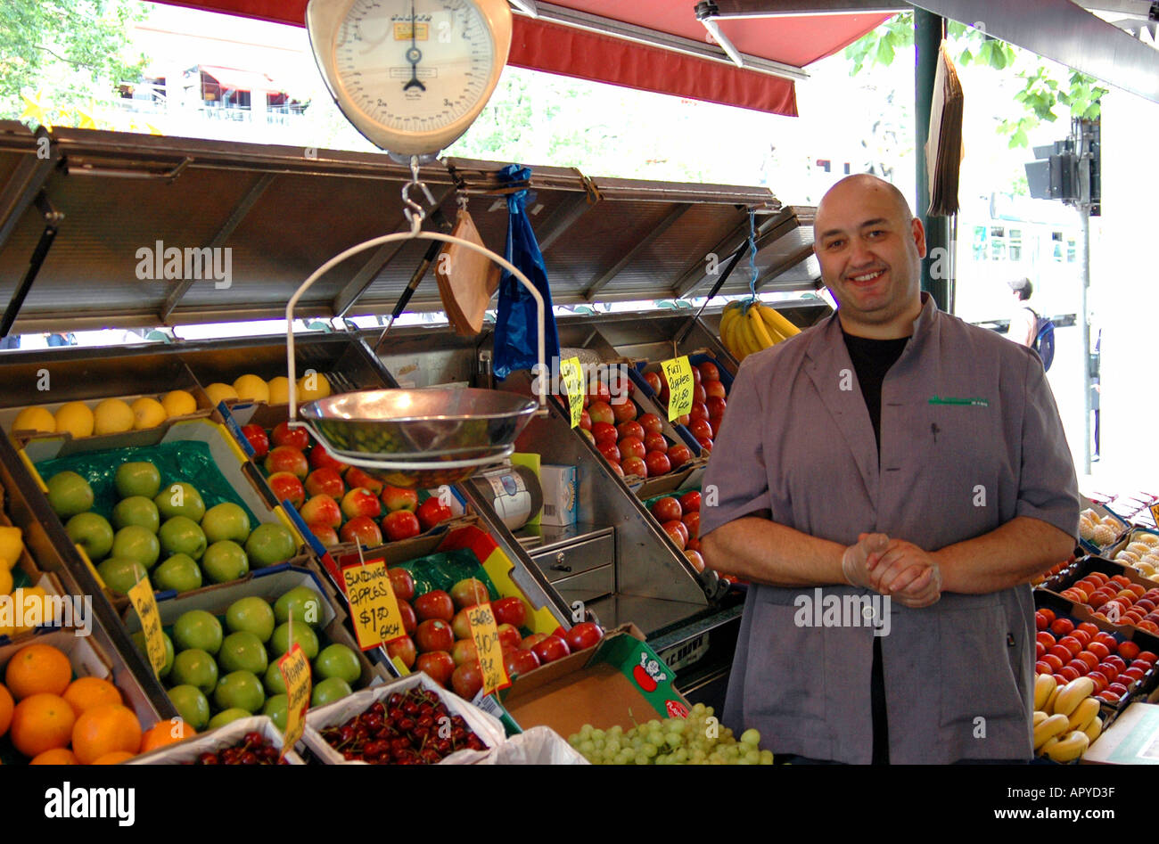 A fruit stall owner shows off his fresh fruit, Melbourne, Victoria ...