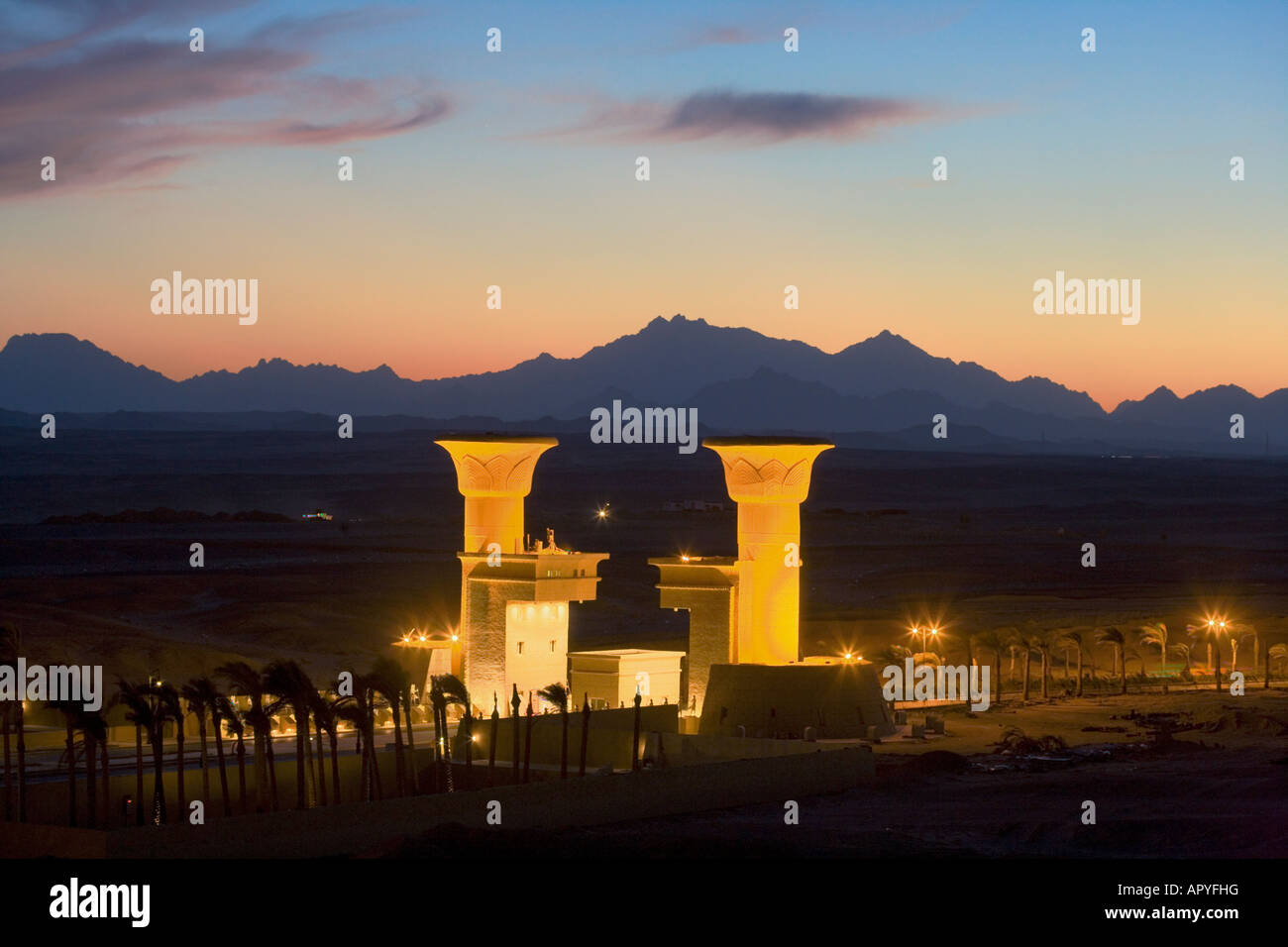 Entrance to Sahl Hasheesh in Hurghada, Egypt at dusk with Sahara desert ...