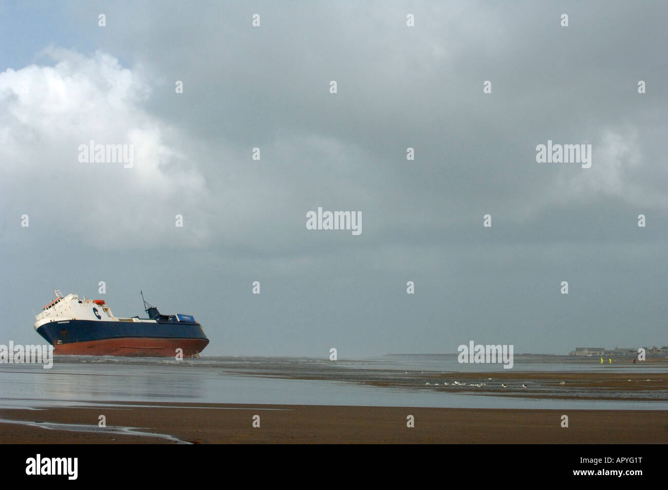 The stricken Ro-Ro Ferry 'Riverdance' on Cleveleys beach near Blackpool ...