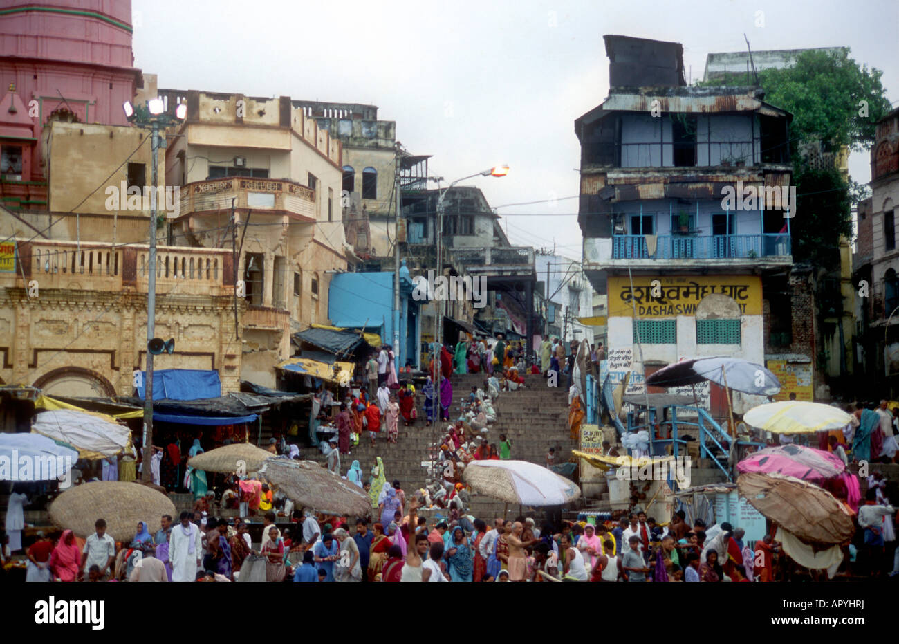Morning gathering of locals at Prayag Ghat on the bank of the river ...