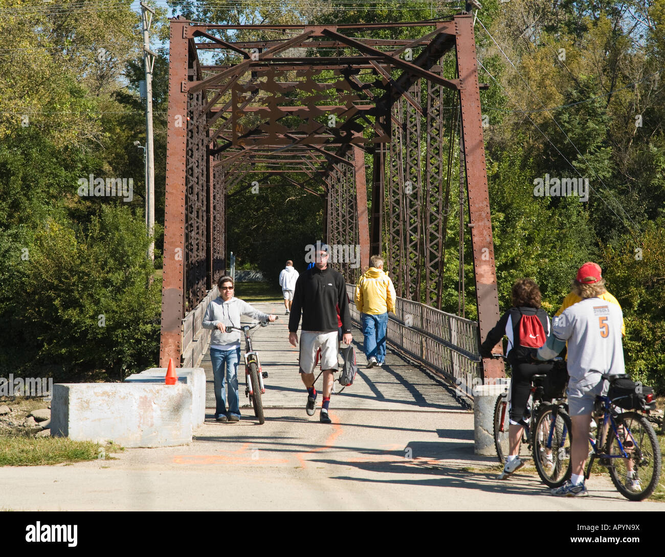 ILLINOIS Moline People walking and bicycling across bridge to Sylvan ...