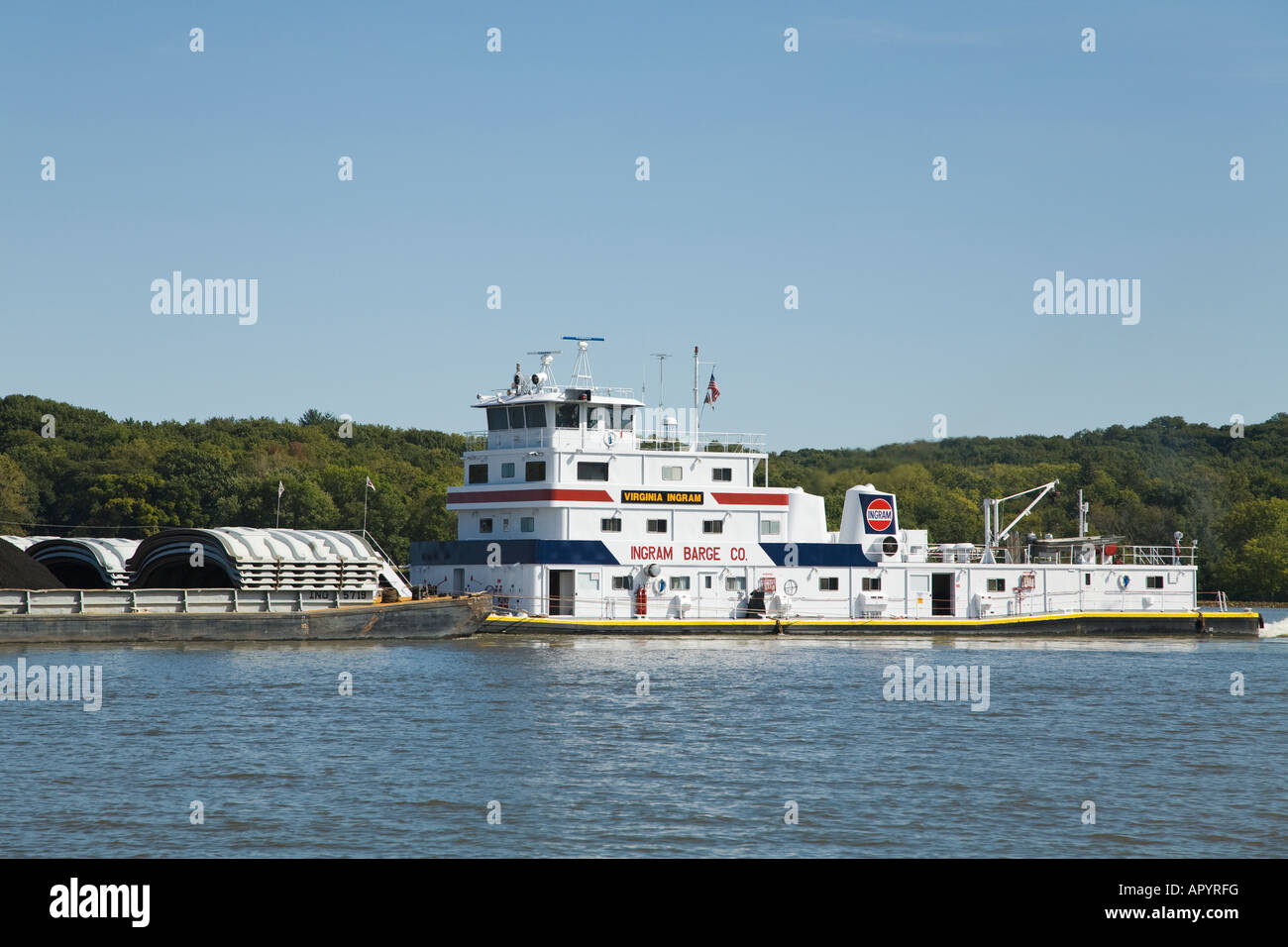 IOWA LeClaire Pushboat behind loaded barge boat on Mississippi River ...