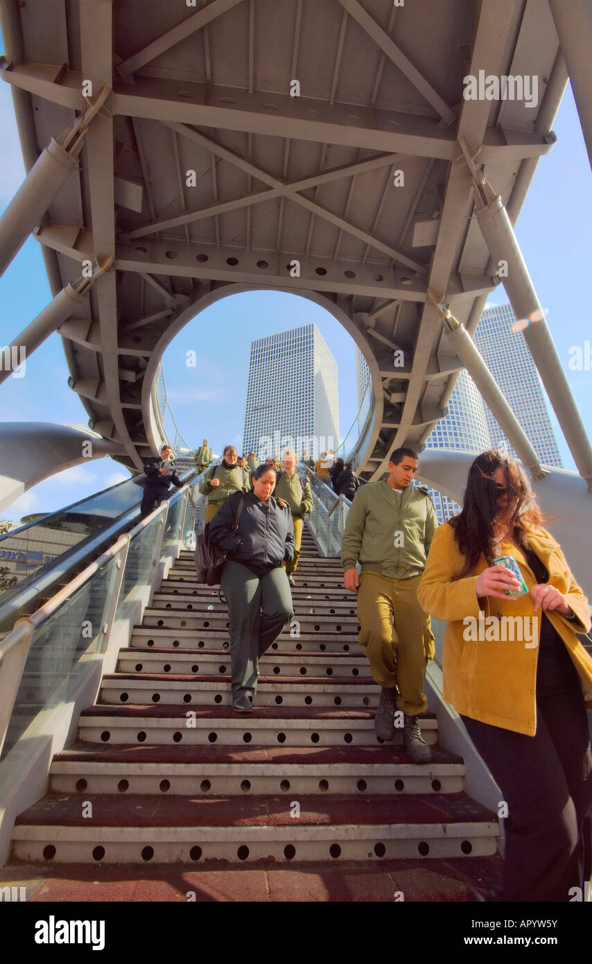 Israel, people walking down the stairs from the bridge near Azrieli ...