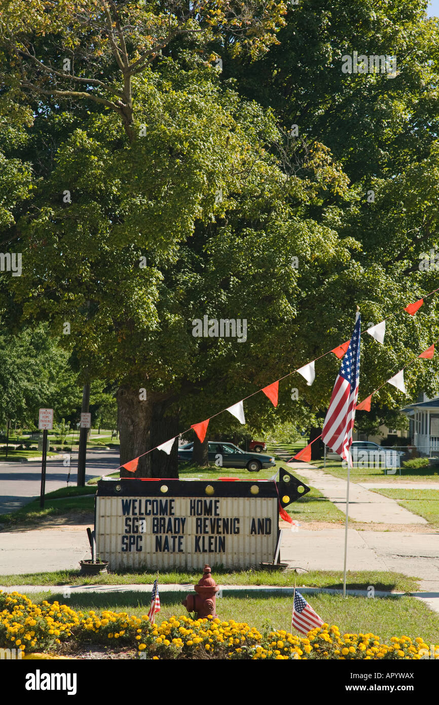 ILLINOIS Amboy Welcome home sign and flags main street and downtown of ...