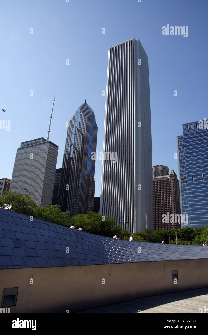 Chicago Buildings Architecture. View from BP Bridge Connecting ...
