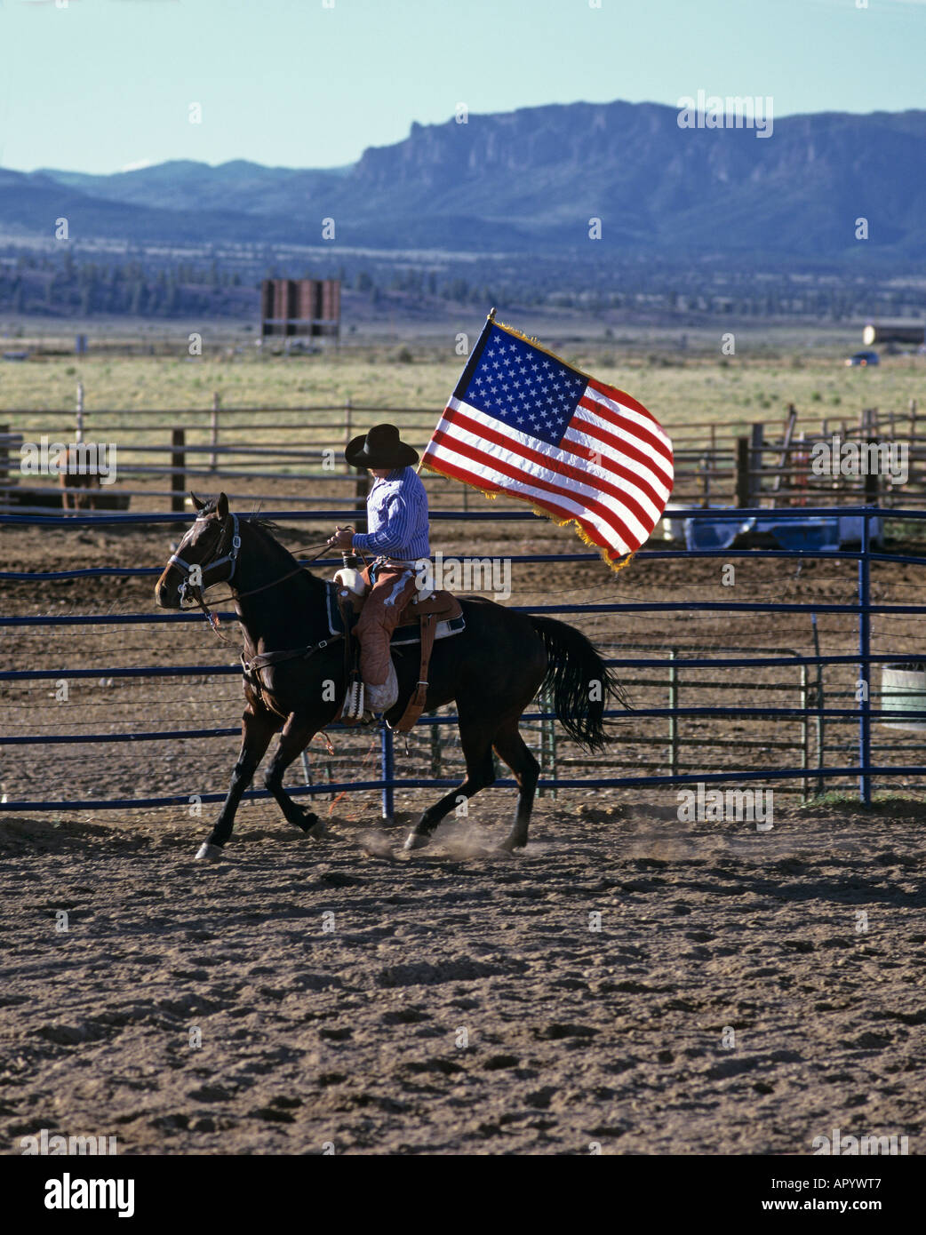 Horseman with american flag at the Rodeo, Ruby`s Inn, Bryce, Utah, USA ...