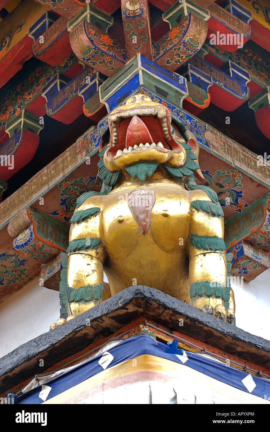 Architectural detail of a guardian sculpture Jokhang monastery Lhasa ...