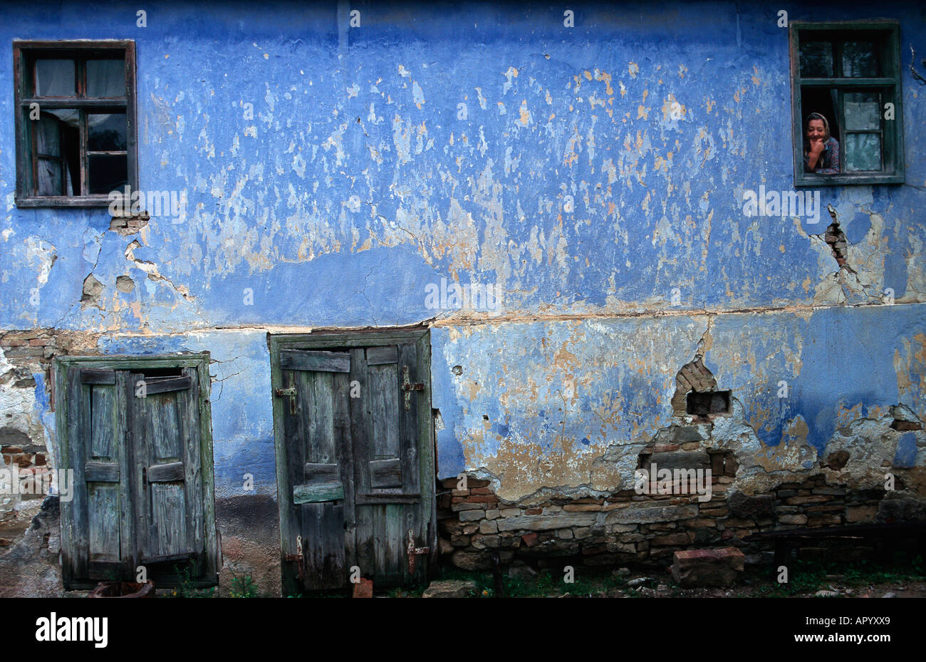 Blue house facade, Bistritja, Carpathian Mountains, Romania Stock Photo ...