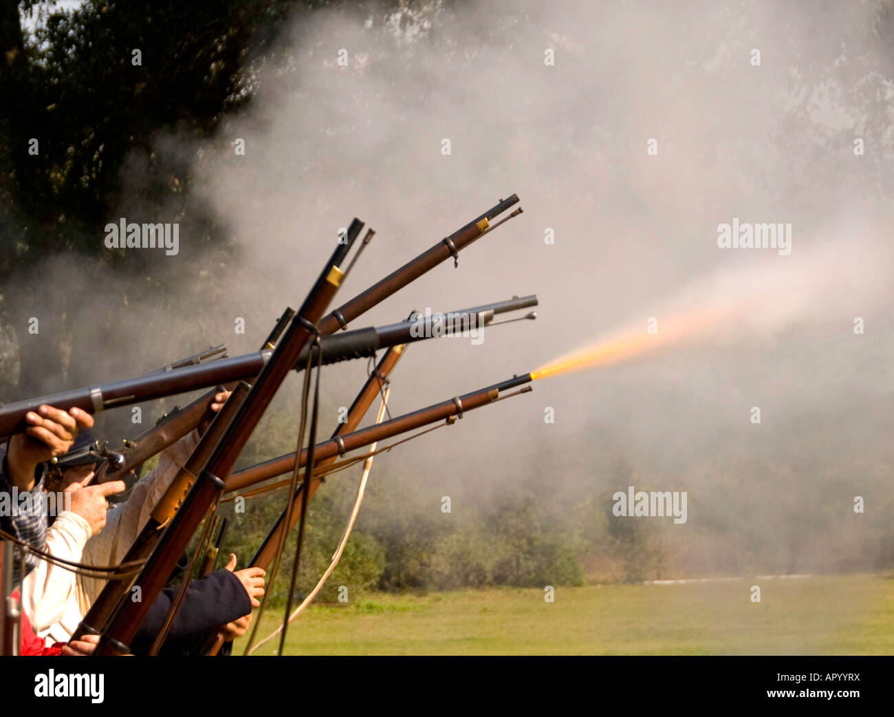 Muskets rifles firing at Civil War Re enactment Stock Photo - Alamy