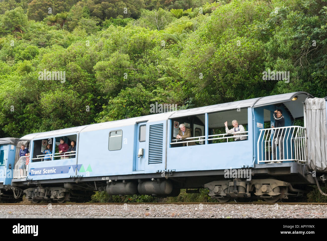 Observation car of the Tranz Scenic Express approaching Greymouth Stock ...