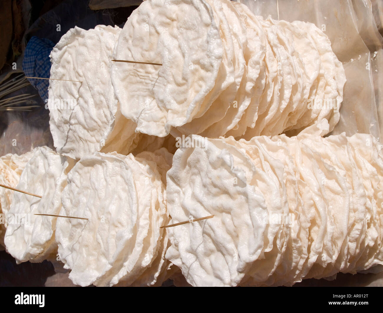 close up of rice crackers for sale at a market at Inle Lake in Myanmar ...