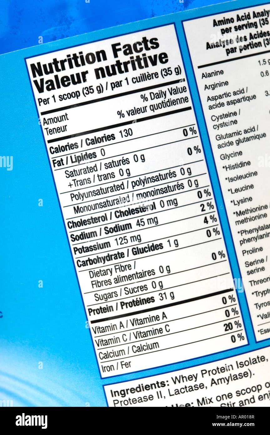Nutrition Facts food lable on a whey protein container Stock Photo - Alamy