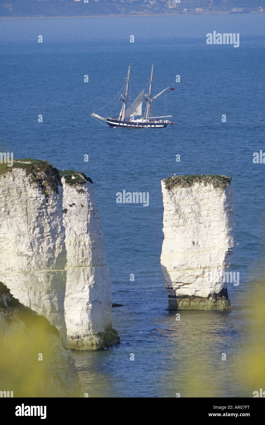 Sailing ship off Old Harry Rocks - Dorset coast Stock Photo - Alamy
