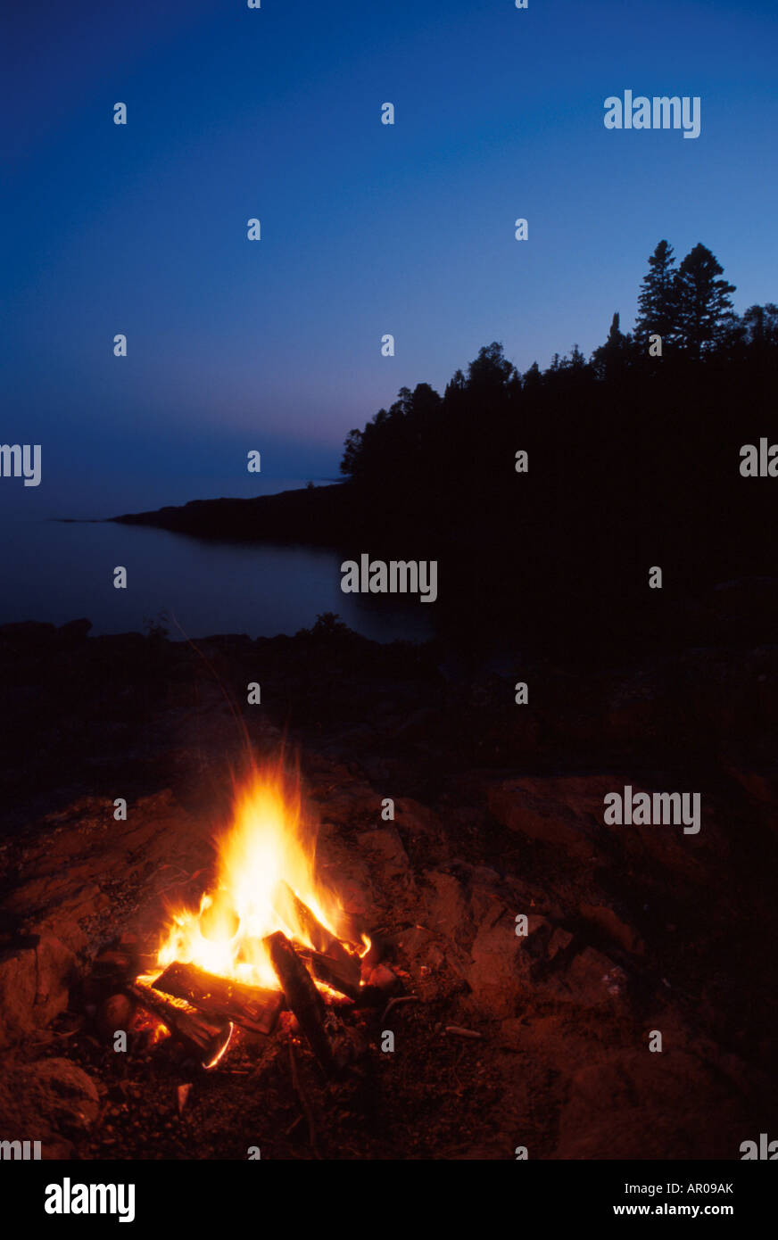 Campfire on Rocky Shore Lake Superior Minnesota Stock Photo - Alamy