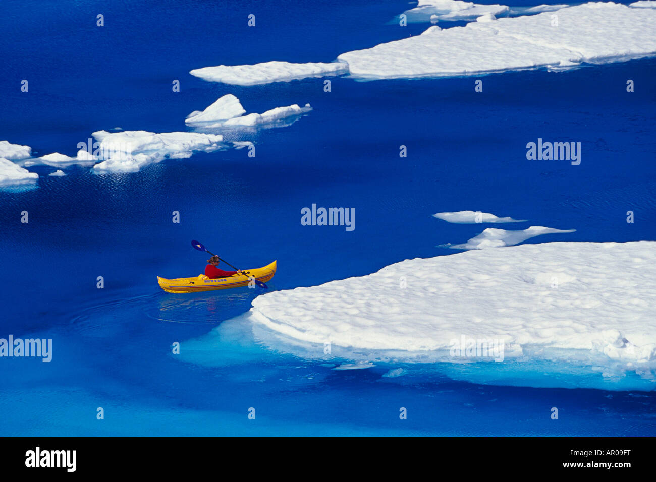 Woman Relaxing in Kayak Blue Melt Pond Juneau Icefield AK Stock Photo ...