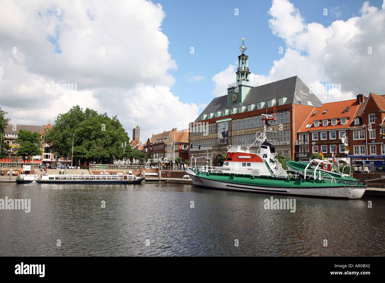 Harbour museum ship with Town Hall Emden, Lower Saxony, Germany Stock ...