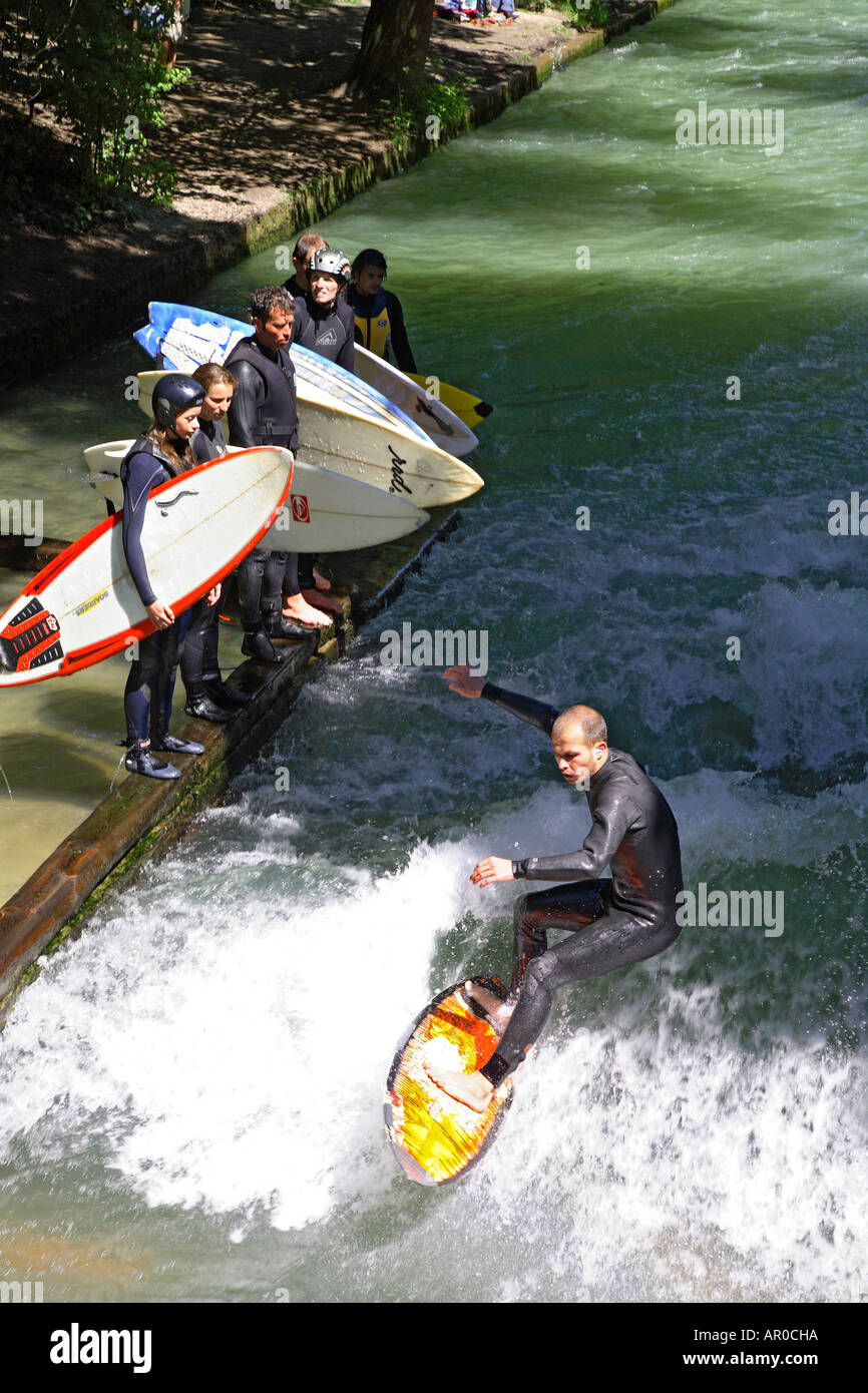 Surfing surfer in the River Eisbach English Garden Munich, Germany ...