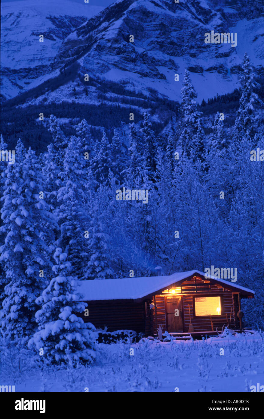 Log Cabin at Night AK Range Snowcapped Mtns Interior AK Winter Scenic ...