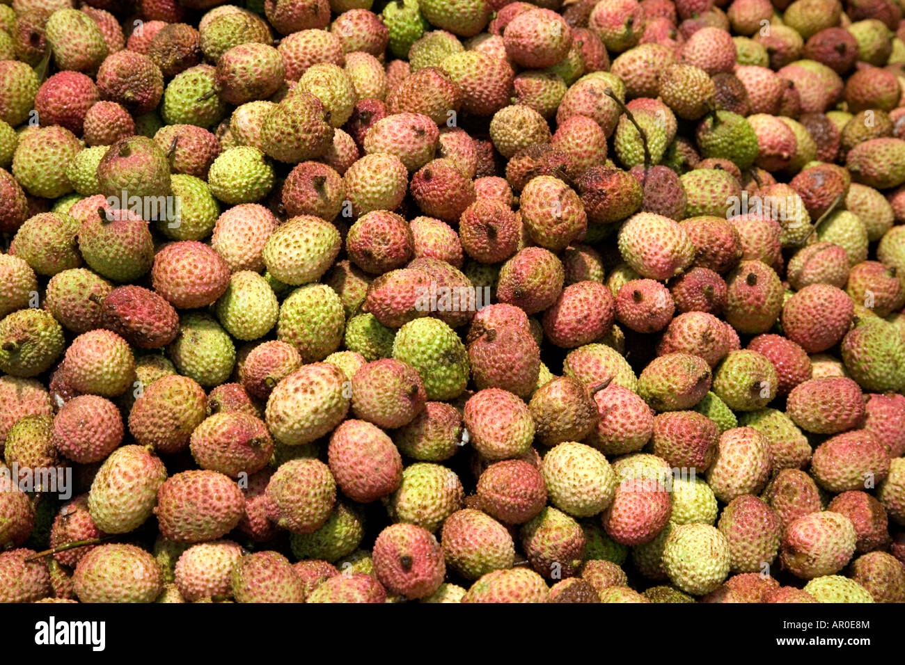Pile of Lychees.(litchi chinensis). Fruit market. Paharganj district ...