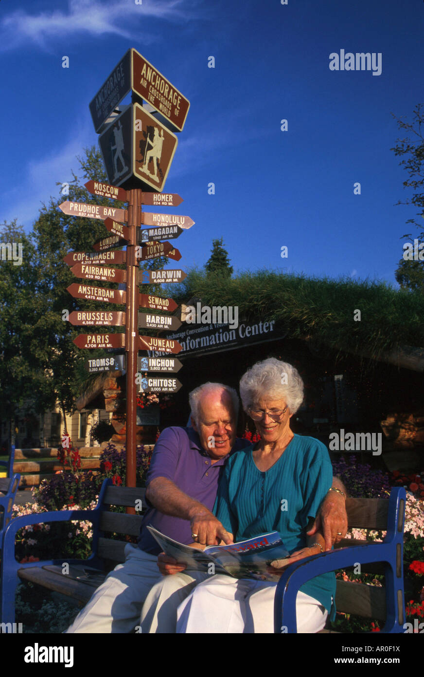 Elderly Couple on bench Anchorage Visitor Center AK Southcentral summer ...