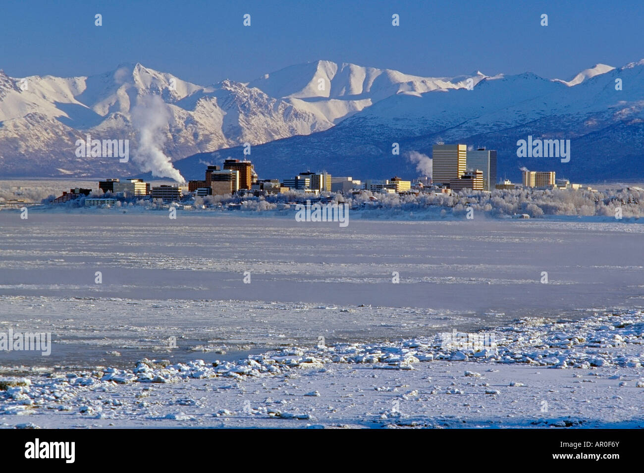 Downtown Anchorage Cook Inlet Chugiak Mtns Sc AK winter Stock Photo - Alamy