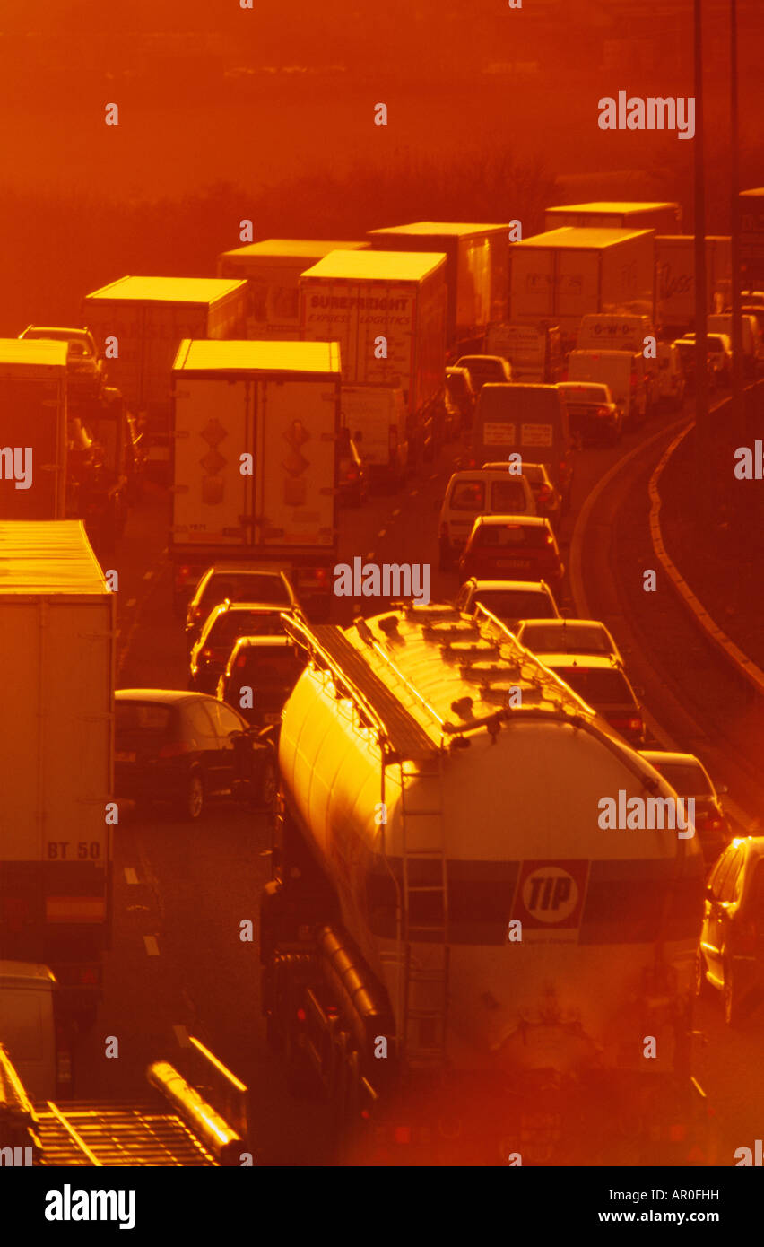 traffic jam on the M62 motorway at sunset Leeds Yorkshire UK Stock ...