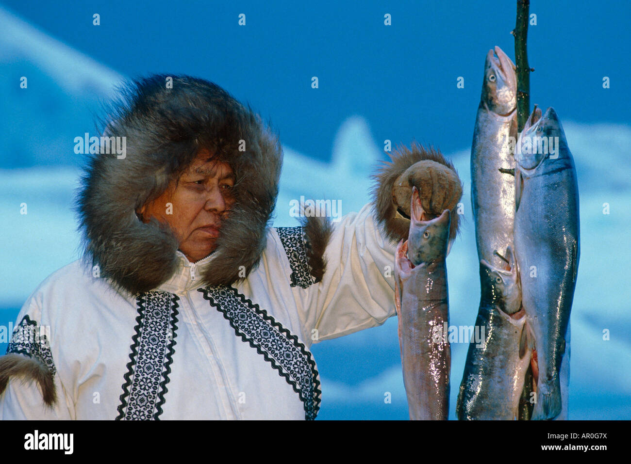 Eskimo Man with Salmon Icebergs in background AK winter portrait Stock ...