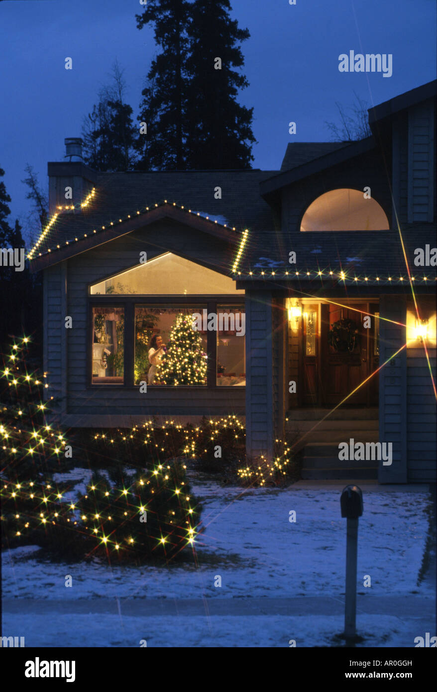 Woman decorates Christmas tree in home / thru window Stock Photo - Alamy