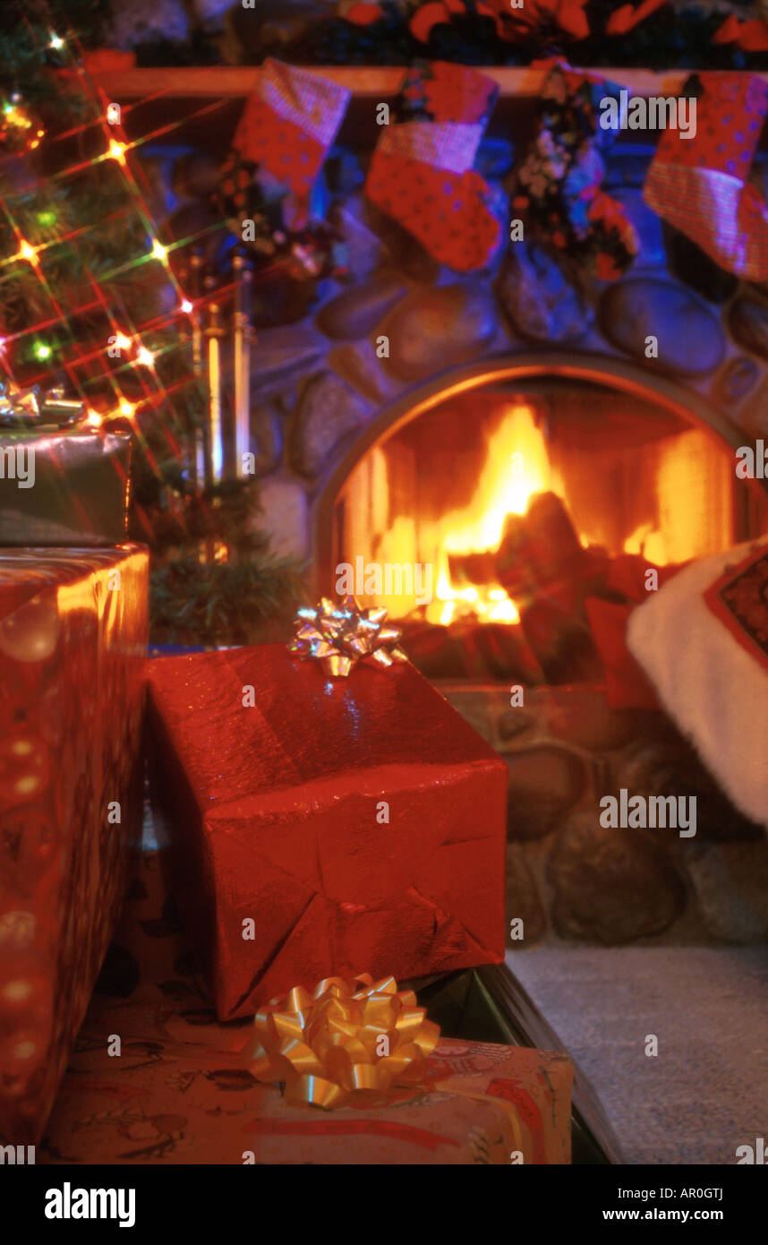 Santa Sleeping in Chair Fireplace & Christmas Tree Stock Photo - Alamy