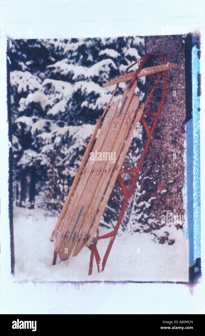 Wooden Sled Leaning on Tree Winter Anchorage SC AK Polaroid Transfer ...