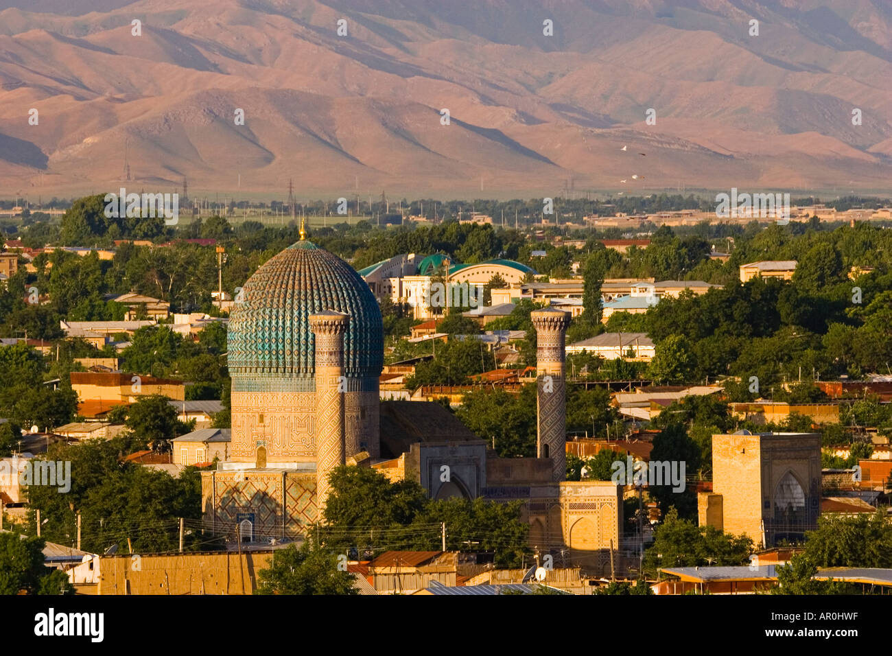 View of Samarkand and its mosques and blue domes from the Registan ...