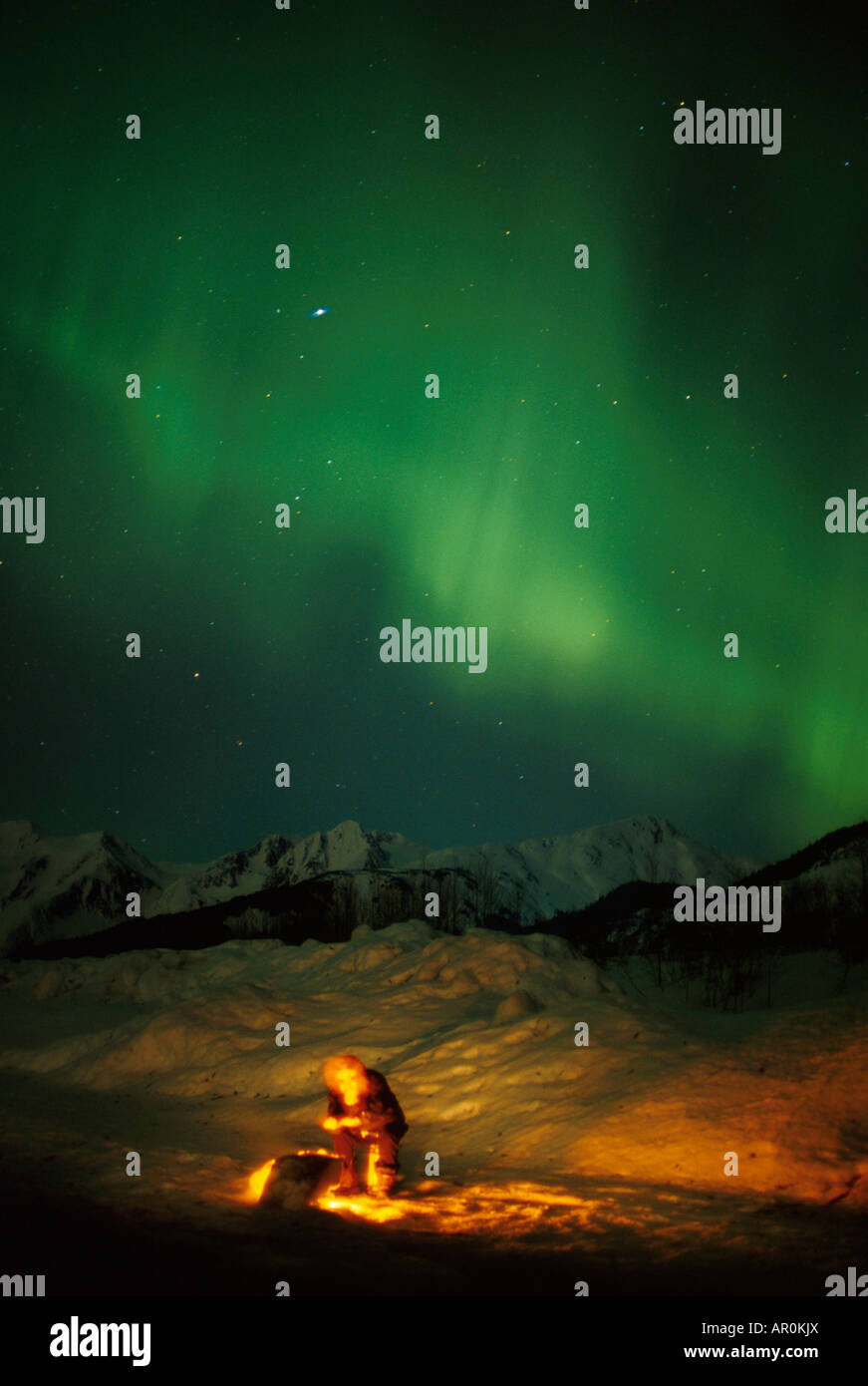 Eskimo Man in Tribal Mask by Fire w/Northern Lights AK Chugach Mtns SC ...