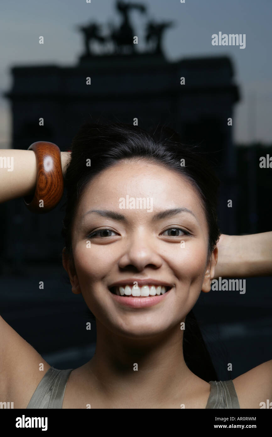 filipino female portrait looking at camera, with hair held back Stock ...